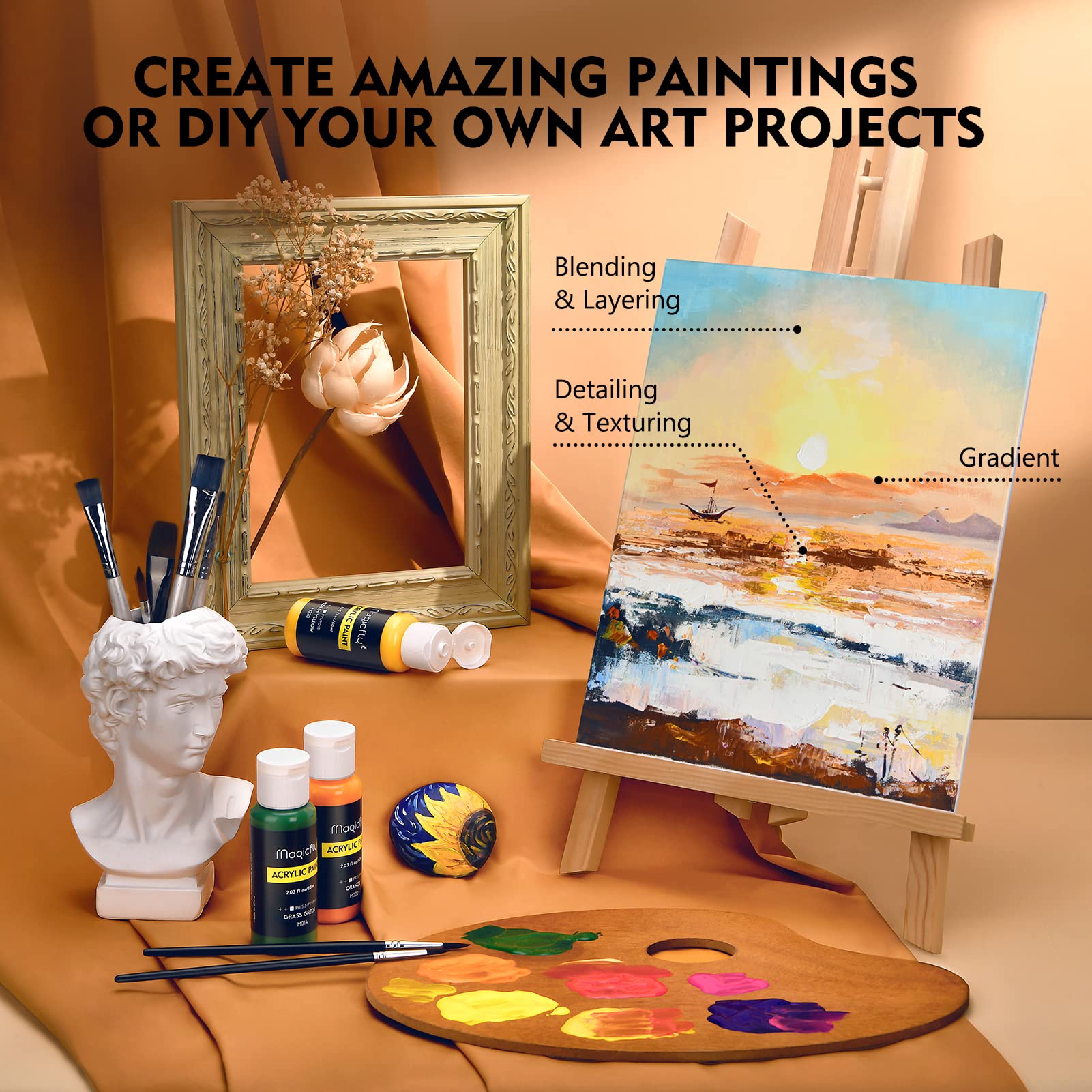 Magicfly Acrylic Paint Set (2fl oz/60ml), 20 Colours Outdoor Acrylic Paint with 3 Paint Brushes, Waterproof, Non-Toxic Craft Paints for Canvas, Wood, Rocks, Fabric, Leather, Ceramic and Model