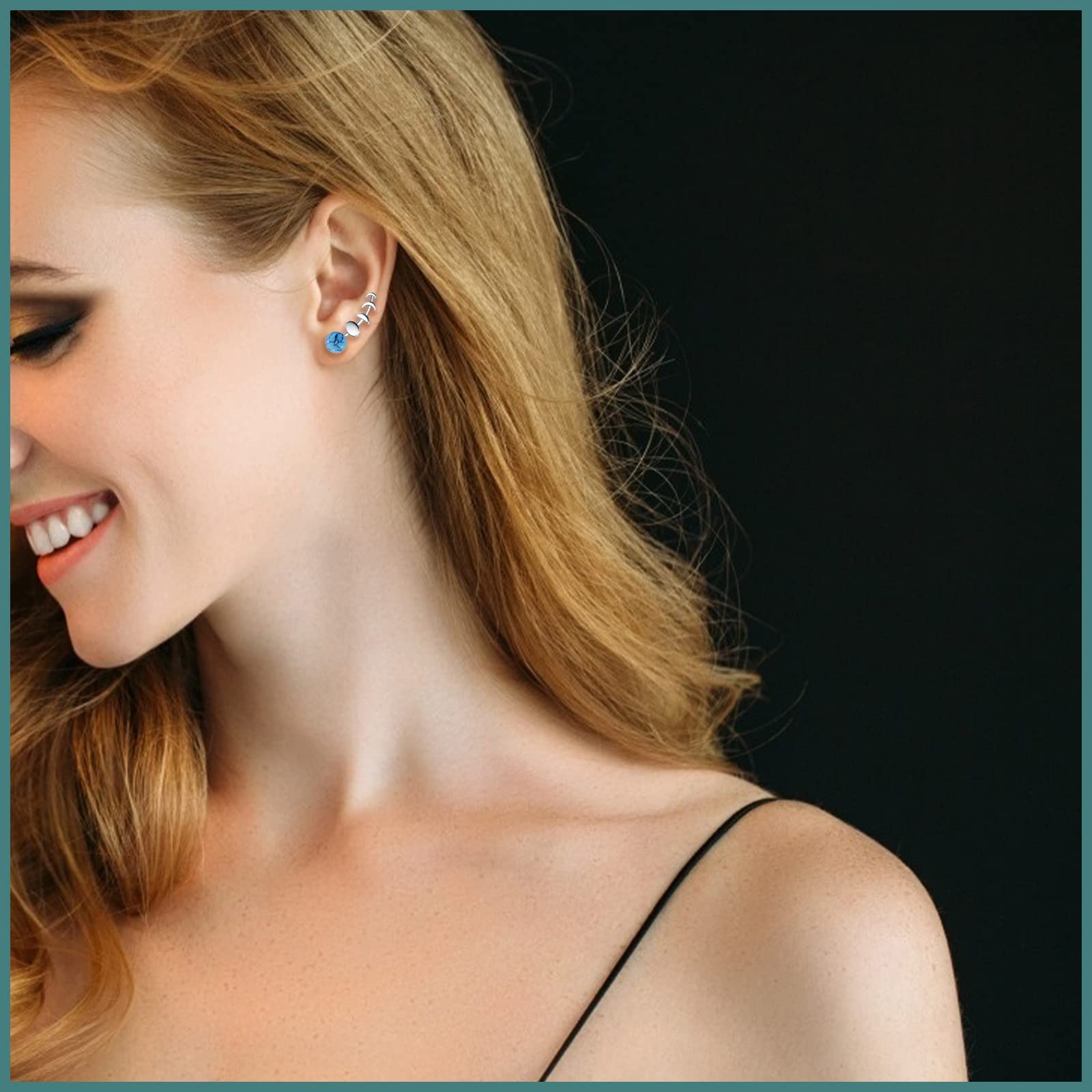 Moon Earrings Ear Wrap Climber Crawler Hook Earrings Moon Phase Silver Ear Cuffs for Women Blue