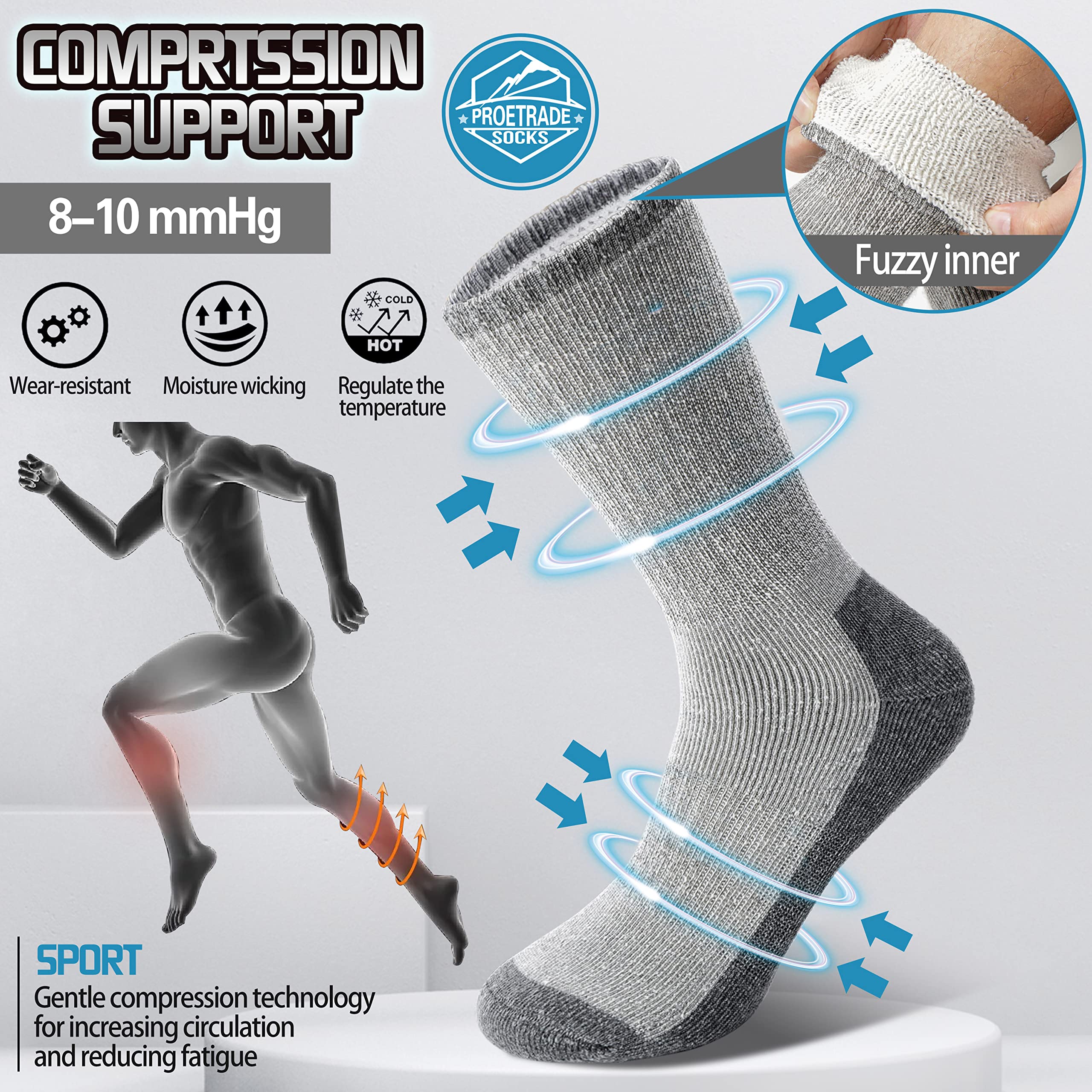 ProEtrade Merino Wool Hiking Socks for Mens Thermal Warm Winter Crew Thick Cushion Boot Work Stockling Stuffers Gift Socks 4 Pairs(Grey,M)