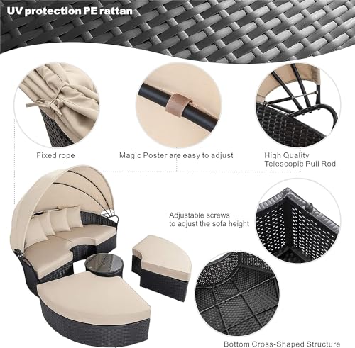 Walsunny Patio Furniture Round Daybed with Retractable Canopy, Outdoor Wicker Rattan Sectional Sofa Set,Seating Separates Cushioned Seats for Patio Lawn Backyard Pool