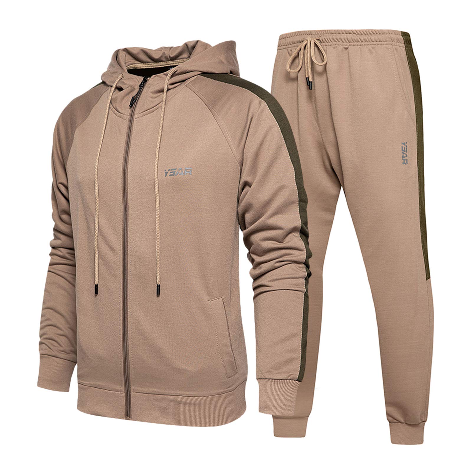 MANLUODANNI Men's Tracksuit Athletic Sports Casual Full Zip Sweatsuit with Hoodie, Khaki-XL