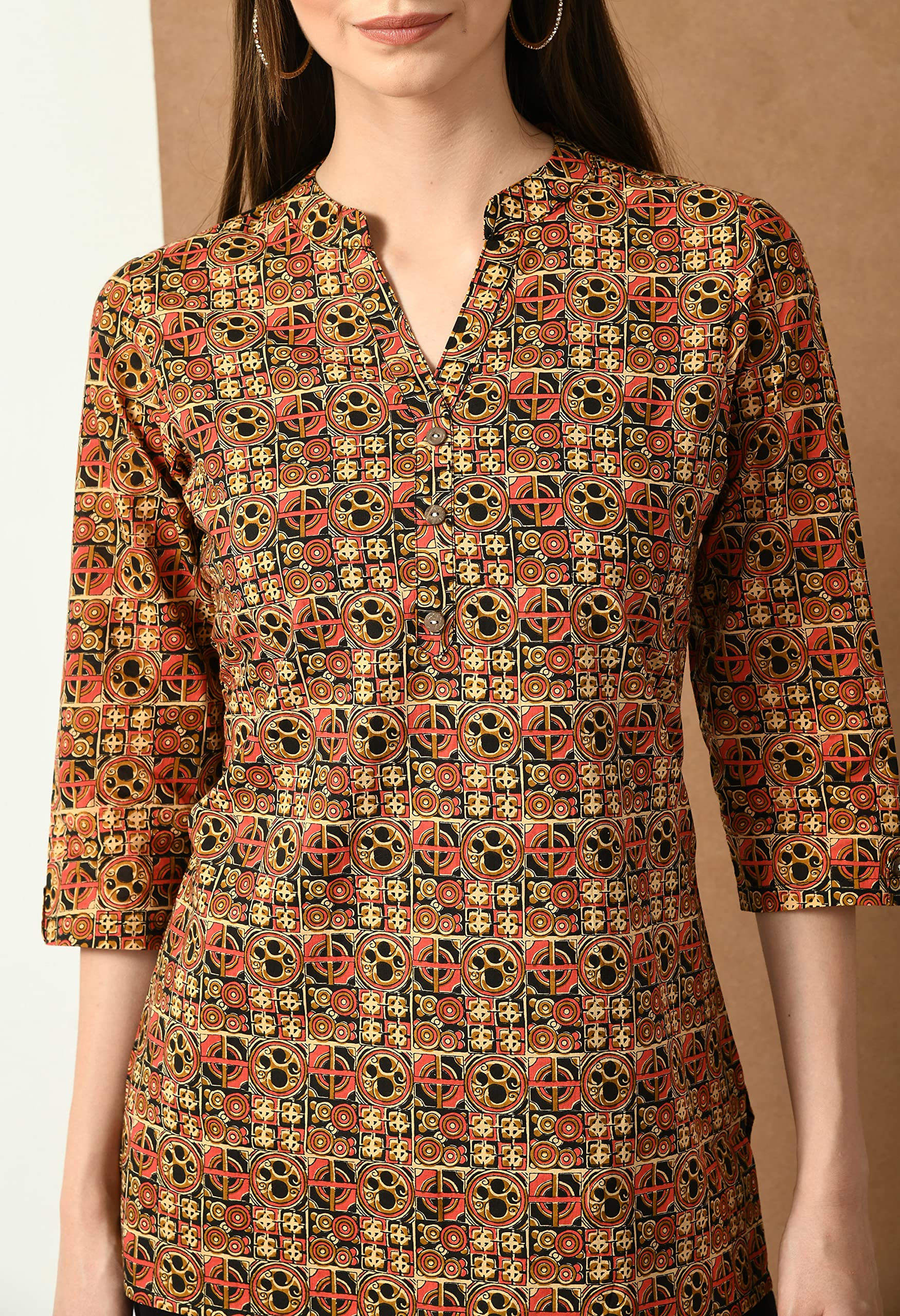 Lagi Women Straight Mandarin Collar 3/4 Sleeves Printed Short Cotton Kurti, Red (S)