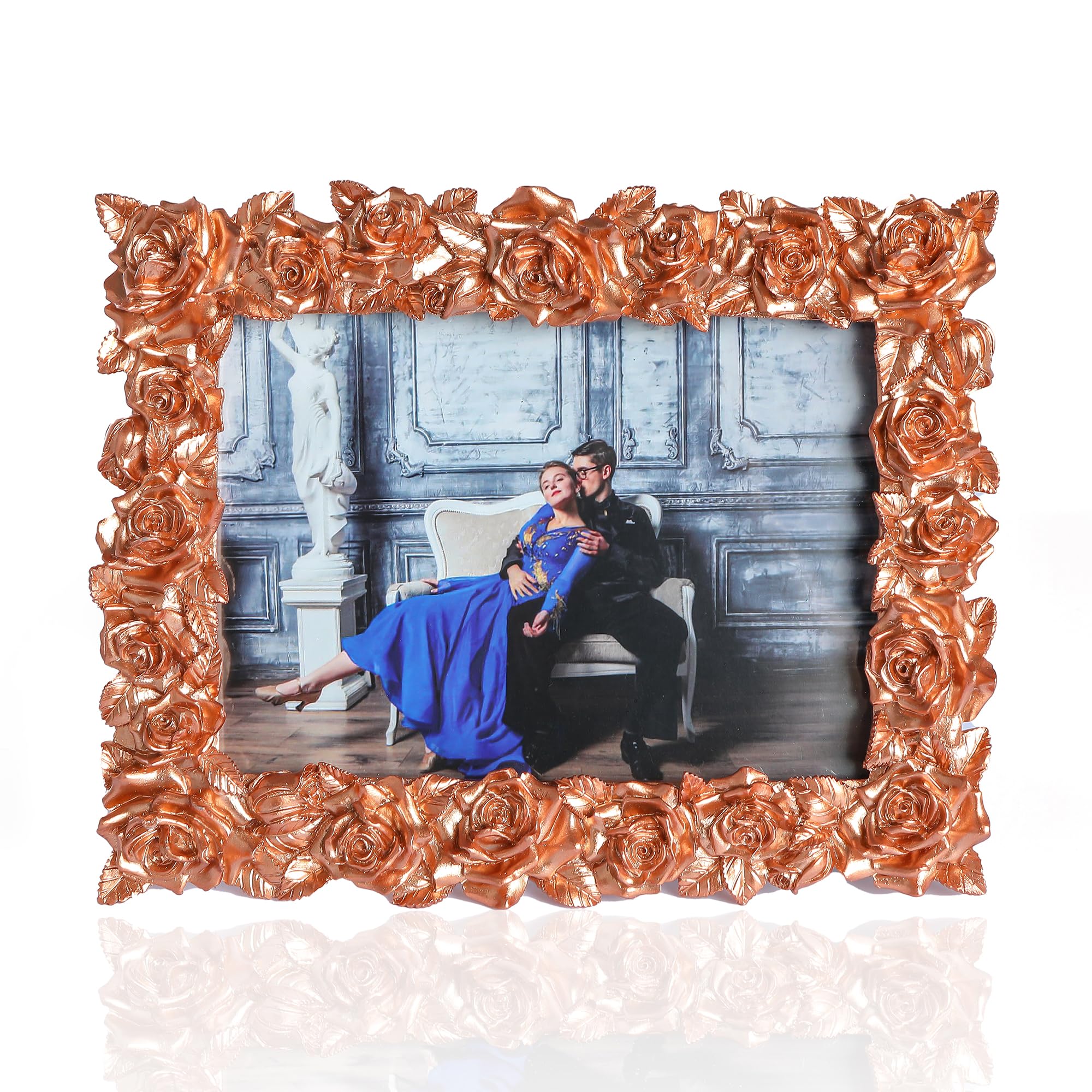 MOMLKFDAY Gold 5x7 Picture Frames Vintage Photo Frame Rose Gold Flower Leaf with Glass Front Antique Picture Frame for Tabletop Wall Hanging (Rose Gold-5x7)