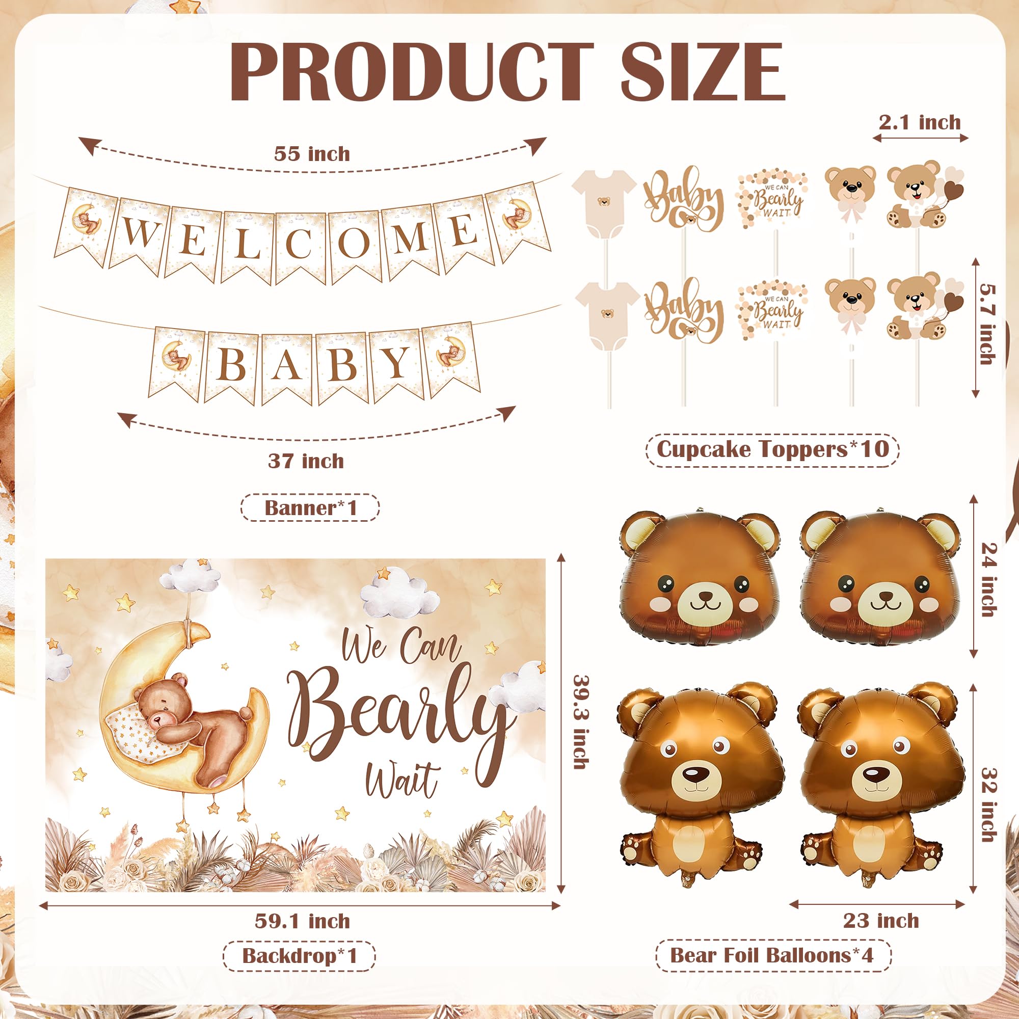 We Can Bearly Wait Baby Shower Decorations, Neutral Teddy Bear Baby Shower with Baby Shower Backdrop Tablecloth Cake Topper Balloon Garland Kit for Cute Bear Gender Reveal Decor