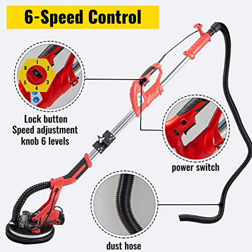VEVOR Electric Drywall Sander 850W with LED Strip Light, Foldable Sheetrock Sander with Extendable Handle Variable Speed 800-1750RPM,Drywall Sander with 6 Sand Pads