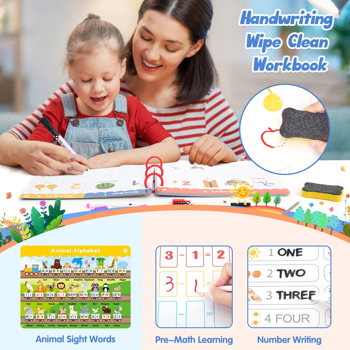 shirylzee Preschool Learning Activities for Kids, 6 Themes Prek Handwriting Practice Activity, Educational Montessori Toys for 3 4 5 6 Year Old Reusable Activity Mats with 2 Dry Erase Markers