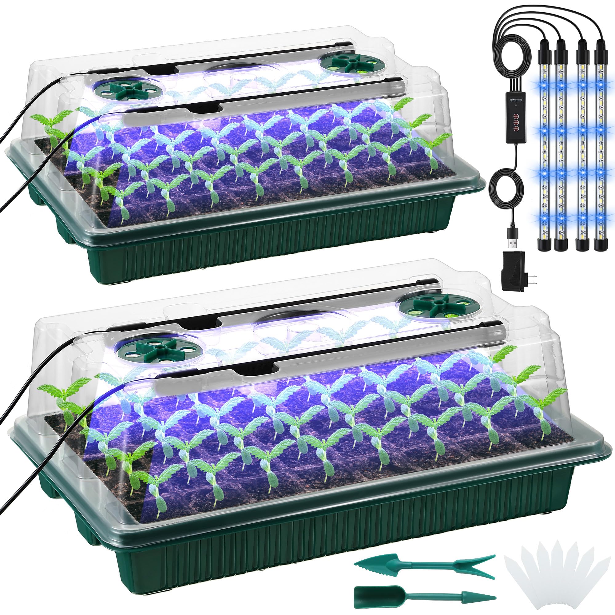 Saillong 2 Packs Seed Starter Tray with Grow Light High Dome Seed Germination Kit 80 Cells with 4 LED Grow Lights Seedling Starter Kit with Smart Timer and 3 Modes for Home Gardeners, Greenhouse