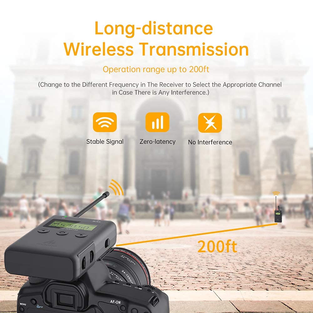 MAONO Wireless Lavalier Microphone System, Lapel Mic with -10dB Attenuation and Low Cut, Real-time Audio Monitoring, 48-Channel and Mute Compatible with Canon Nikon Sony DSLR, Camcorders(AU-WM730)