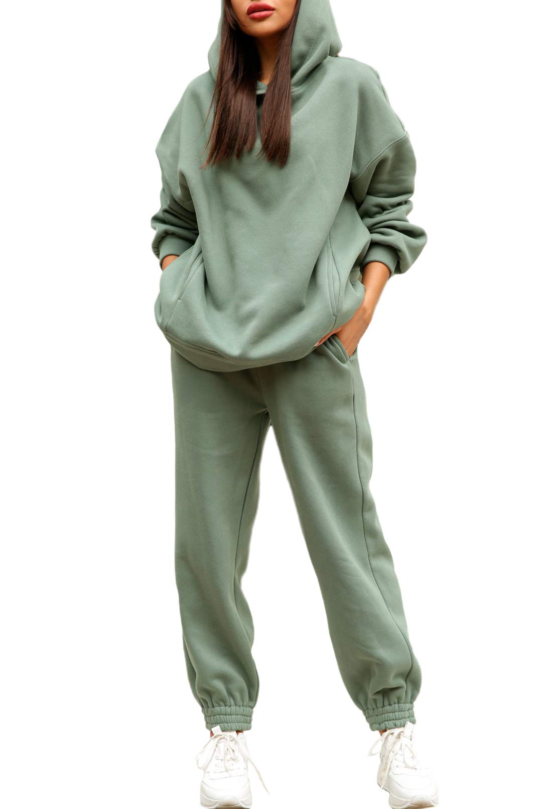 Linsery Sport Hoodie with Jogger Sweatpants Tracksuit Hooded 2 Piece Workout Set Sweatshirt Matching Jogging Suit Green L