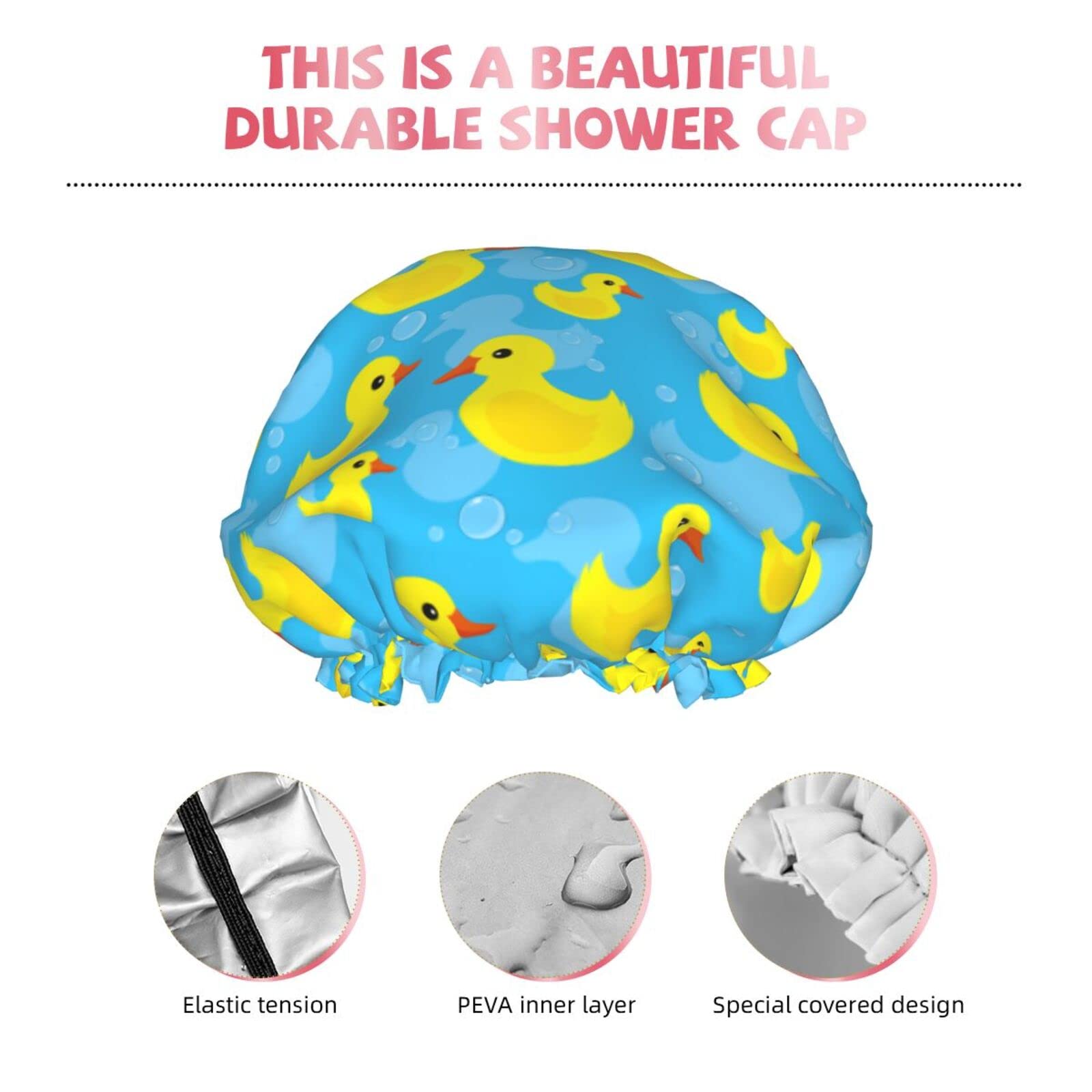 Rubber Duck Shower Cap for Women Reusable Double Layers Waterproof Shower Hair Protector PEVA Lined Shower Hat for All Long Hair Lengths, Stretchy Adjustable Shower Caps