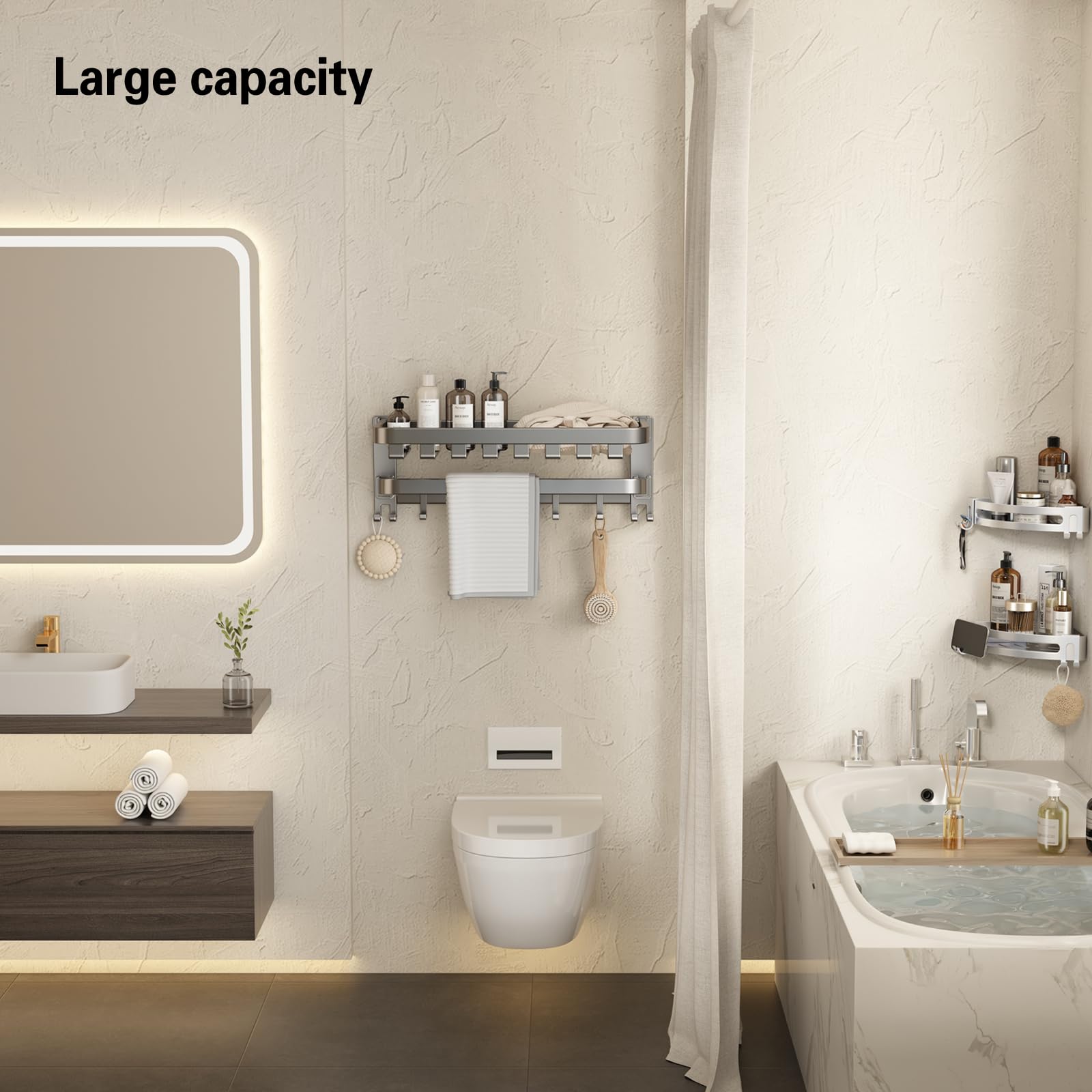 VOLPONE Bathroom Towel Rack with Double Towel Bar Foldable Towel Shelf Wall Mounted Towel Storage with Hooks No Assembly Required 24 in Grey