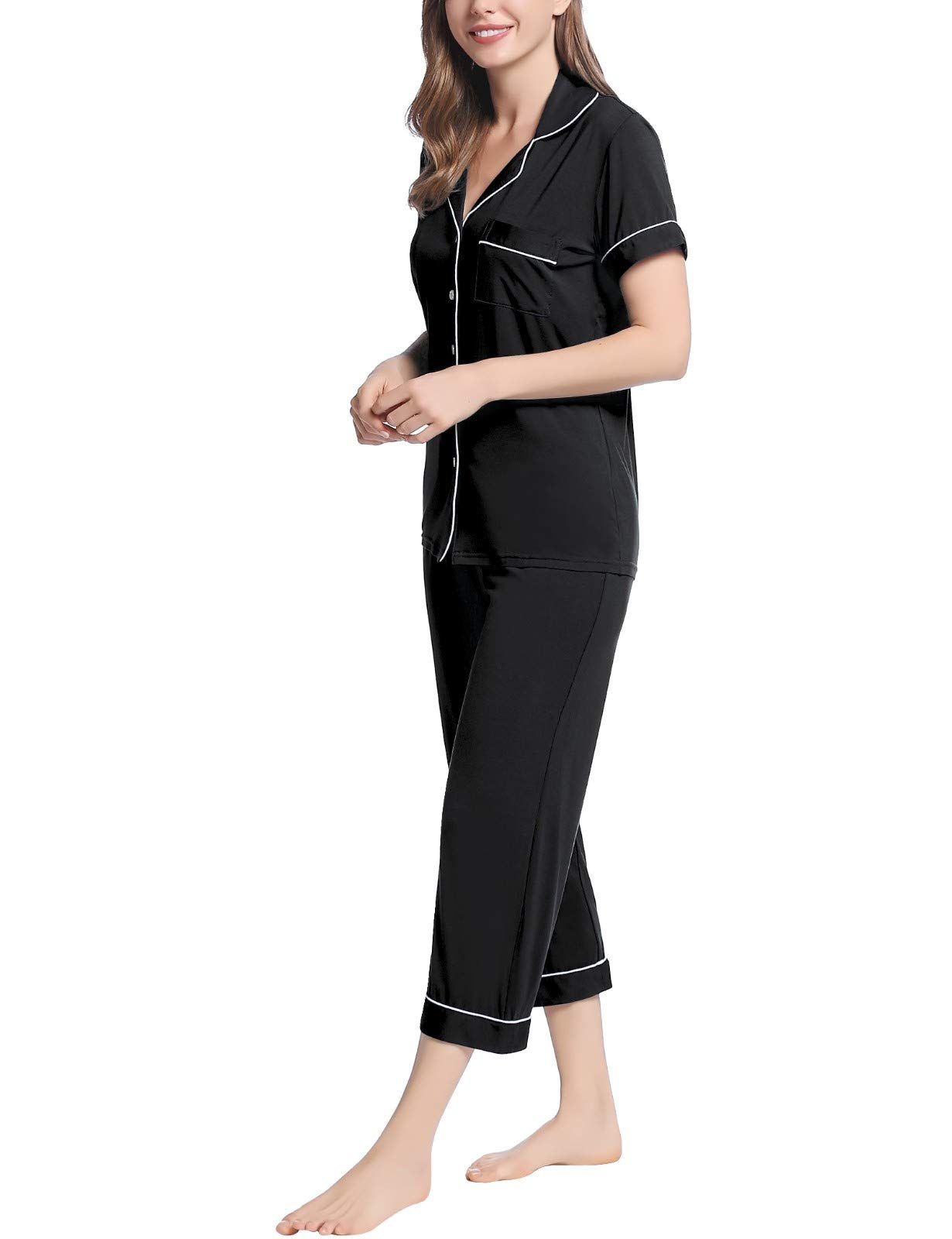 Joyaria Womens Bamboo Viscose Pajamas Set Cooling/Cool Pjs Set Night Sweats Sleepwear Jersey Knit(Black, XL)