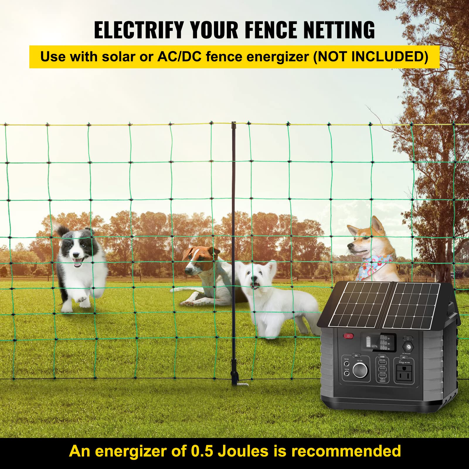 VEVOR Electric Fence Netting, 42.5" H x 164' L, PE Net Fencing with 14 Posts Double Spiked, Utility Portable Mesh for Goats, Sheep, Lambs, Deer, Hogs, Dogs, Used in Backyards, Farms and Ranches, Green