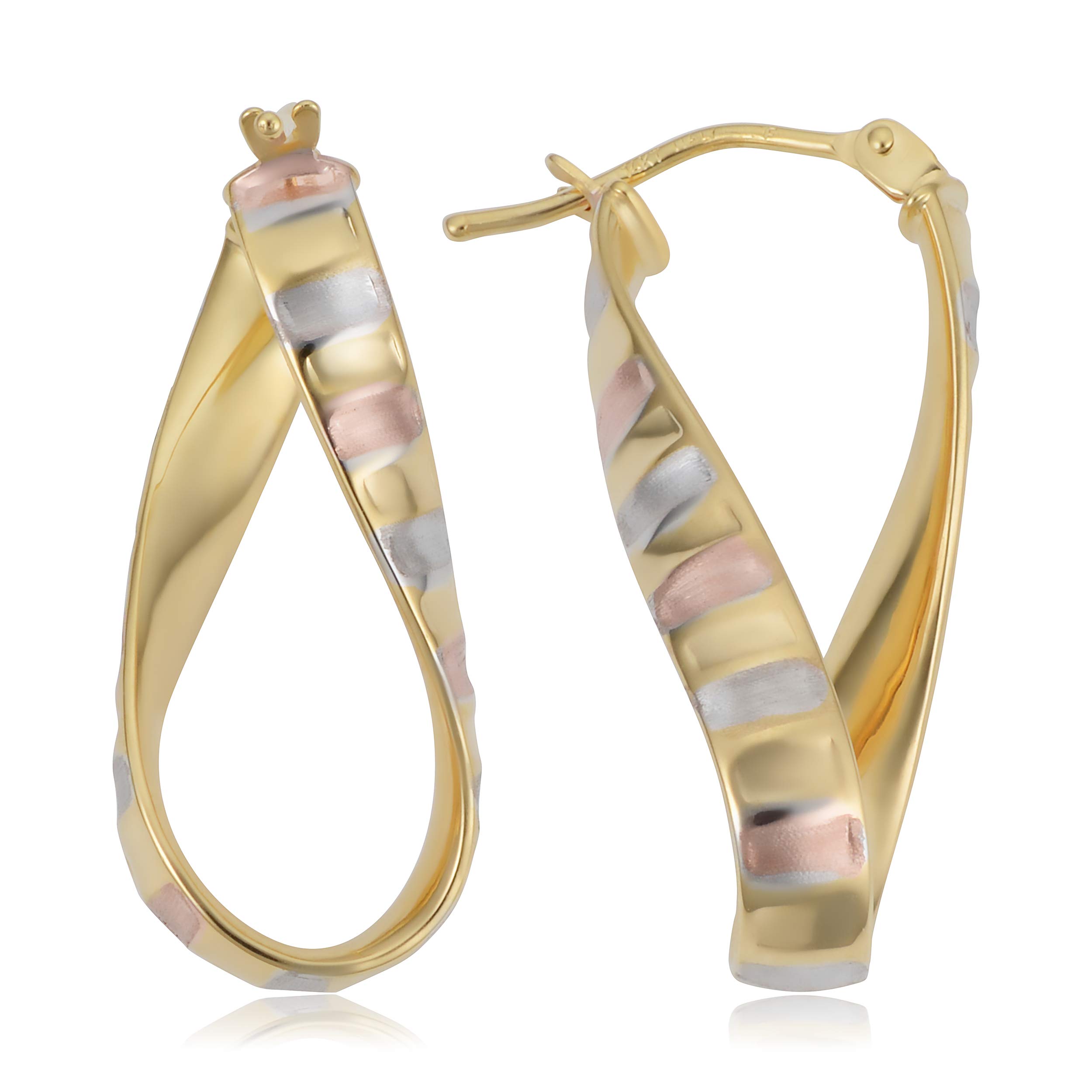 Kooljewelry 14k Tricolor Gold Scalloped Twisted Oval Hoop Earrings
