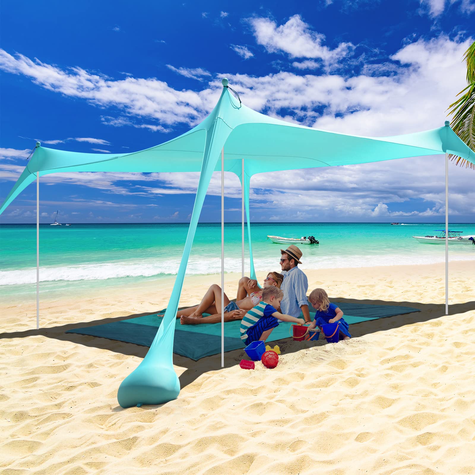 Pop Up Beach Tent Sun Shelter UPF50+, Windproof Sun Shade with Beach Blanket, Outdoor Shade Canopy for Camping Trips,Fishing,Picnics,Backyard (10x10 FT 4 Poles, Turquoise)