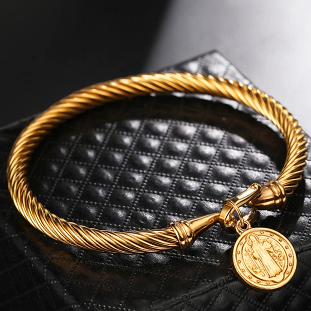 MORE FUN Catholic Saint Benedict Bracelets, Blessings Medal Stainless Steel Charm Pendant Twisted Cable Bangle Bracelet, Gold Plated