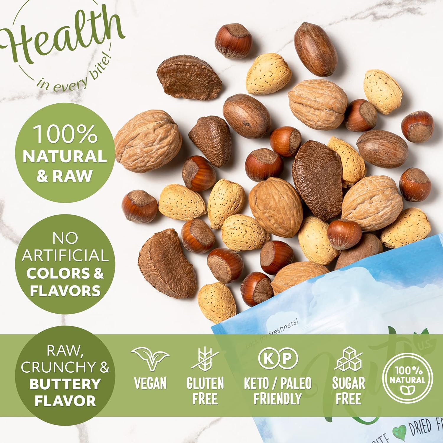 NUTS U.S. – Mixed Nuts In Shell (Almonds, Walnuts, Hazelnuts, Pecans, Brazil Nuts) | No Added Colors and No Artificial Flavors | Fresh Buttery Taste and Raw |Packed In Resealable Bags!!! (6 LBS)