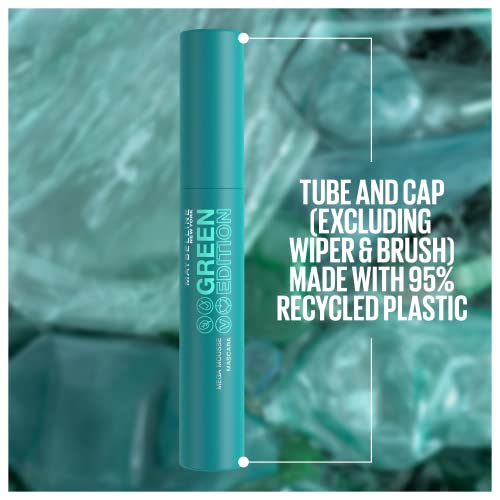 Maybelline Green Edition Mega Mousse Mascara Makeup, Smooth Buildable and Lightweight Volume, Formulated with Shea Butter, Blackest Black, 1 Count