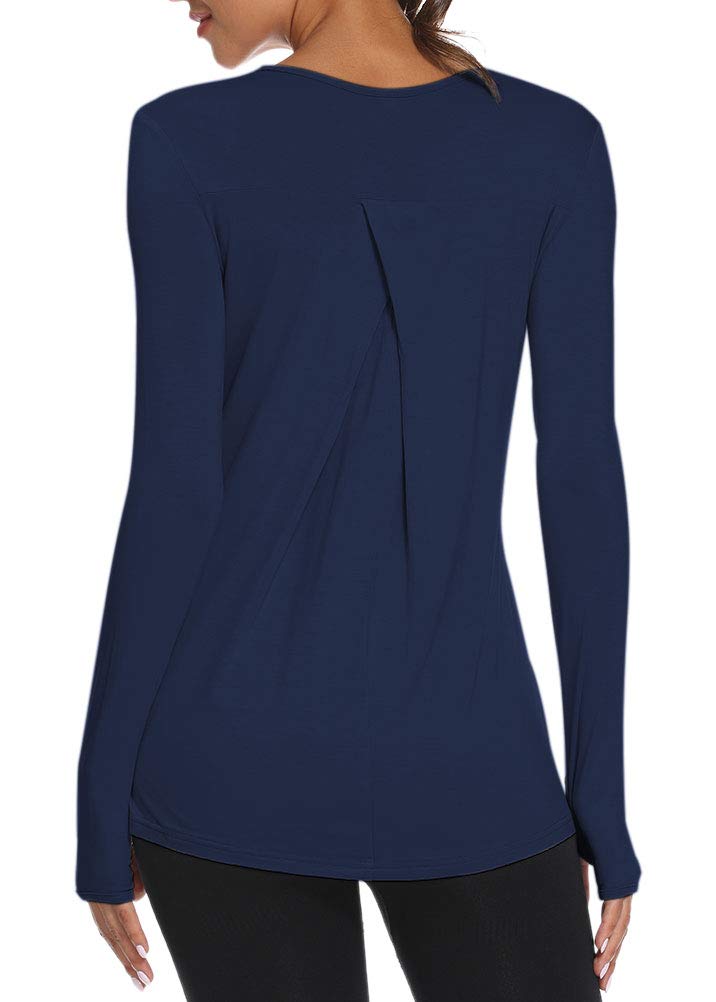 Mippo Womens Workout Athletic Yoga Long Sleeve Shirts Cute Work Out Gym Pilates Clothes Soft Lightweight Long Tunic Tops with Thumb Holes Navy Blue XL