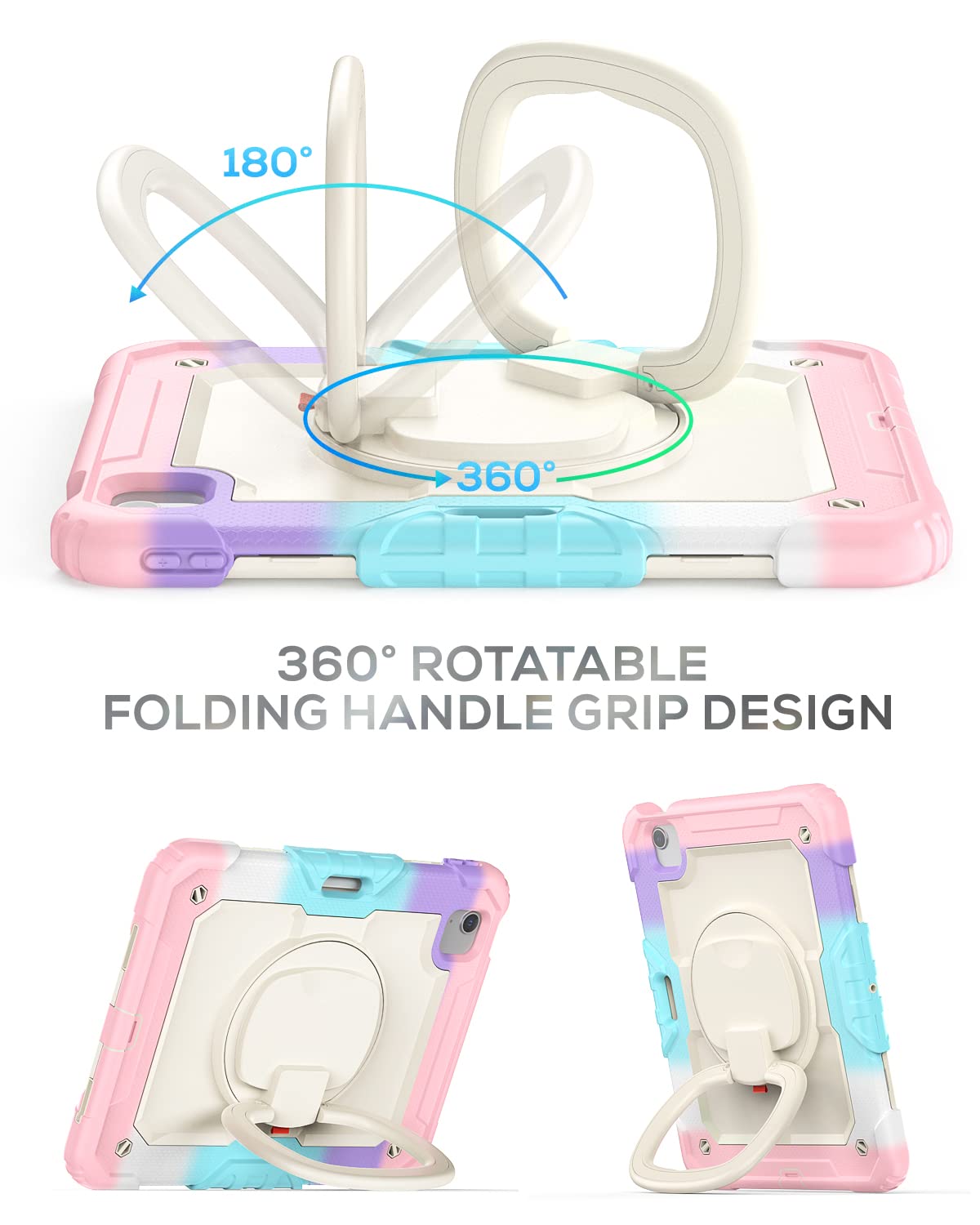 SEYMAC for iPad Air 5th/4th Generation Case, Heavy Duty Protection Shockproof Case with Screen Protector, 360° Hand Grip, Shoulder Strap, Pencil Holder, Case for iPad 10.9 inch, Colorful/Pink