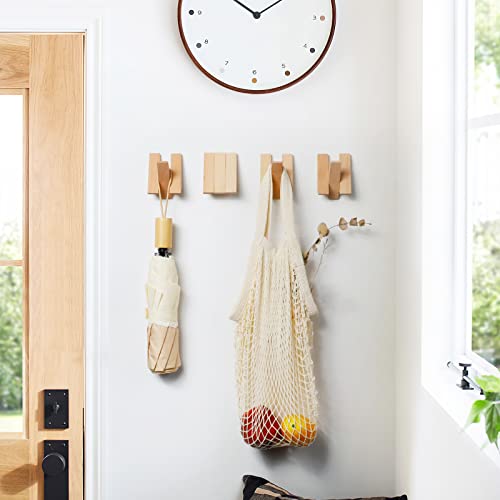 WOODOPOLY Wood Wall Hooks, 4 Pack Coat Hooks Wall Mounted Hooks Hat Hooks for Wall Mounted Sticks Multi Rack Solid Handmade Natural Wood Artwork with 4 Flip-Down Unique Modern Hangers 4 Pack
