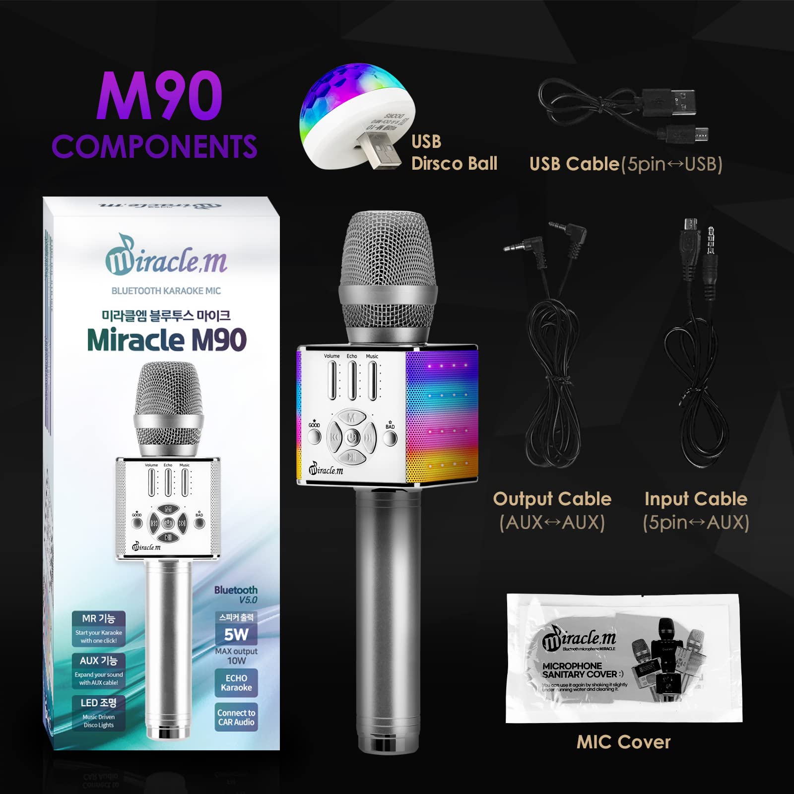 Miracle M90 - Karaoke Microphone Bluetooth - Bluetooth Microphone Wireless - Wireless Microphone for Karaoke - Microphone for Kids and adults - Carpool car Microphone with Speaker - Karaoke mic