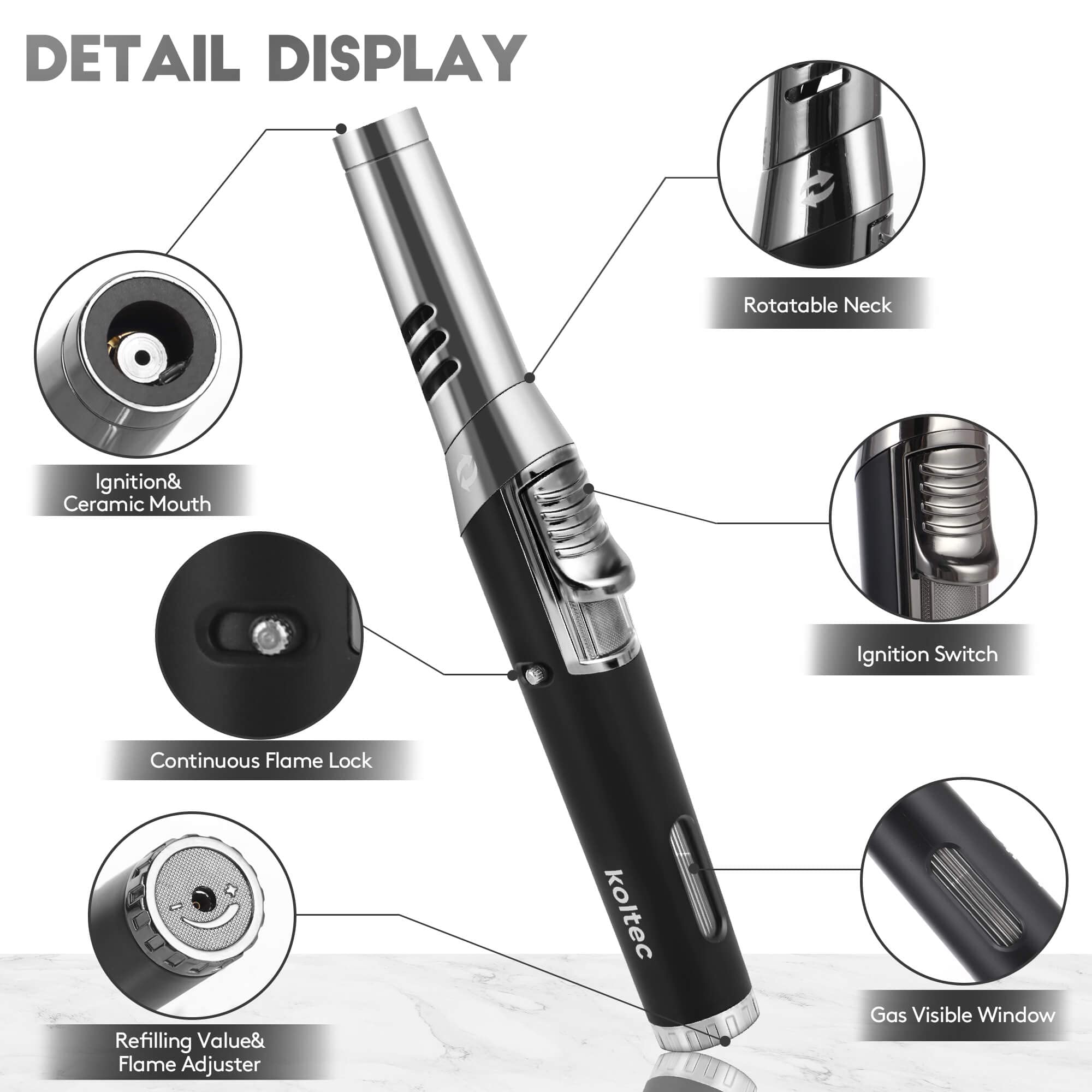 KOLTEC Torch Lighter, Rotatable Butane Lighter Adjustable Refillable Jet Flame with Fire Lock Visible Gas Window Windproof Portable for Grill BBQ Candle Camping (Butane Not Included) (Black)