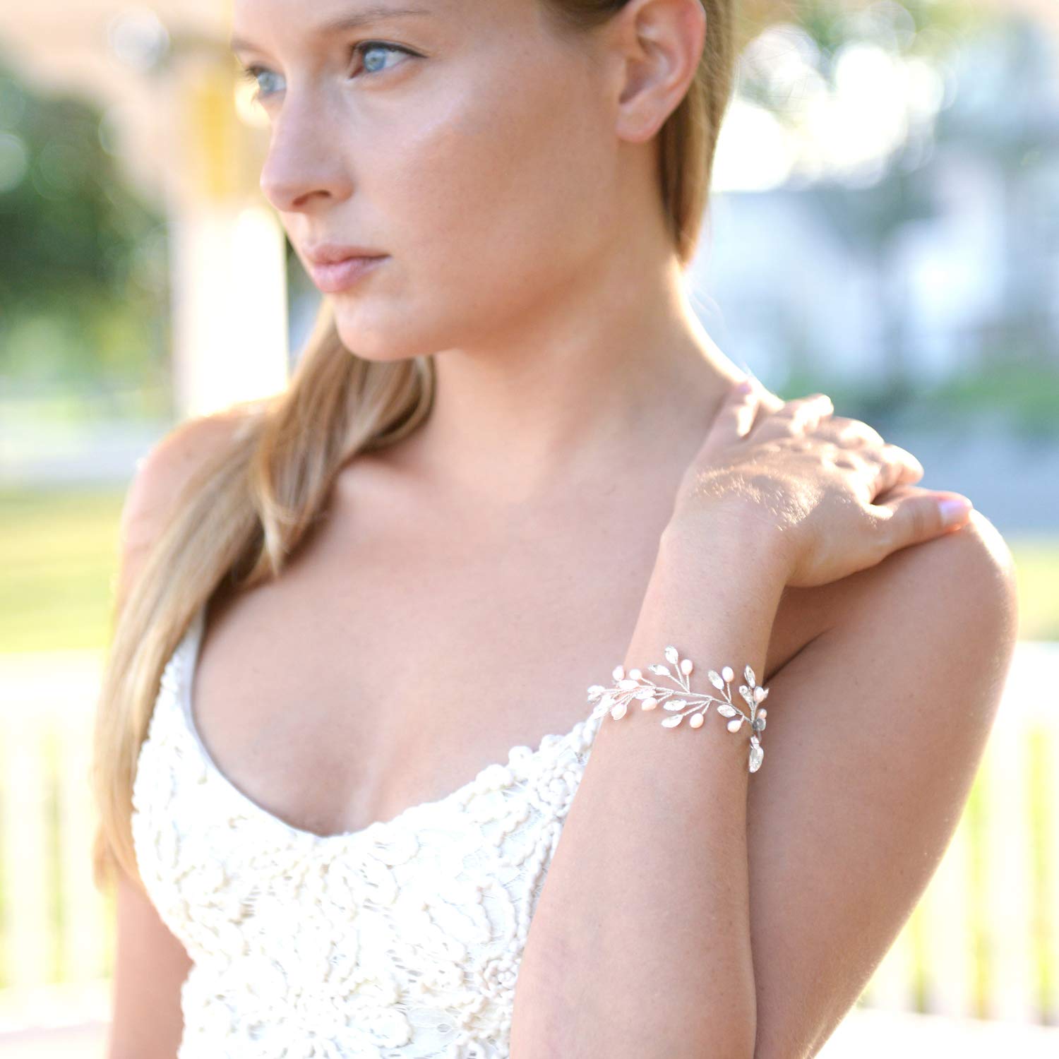 Mariell Bridal and Wedding Silver Bracelet with Crystal Gems and Freshwater Pearls, Fits 7" to 8 ½" Wrist