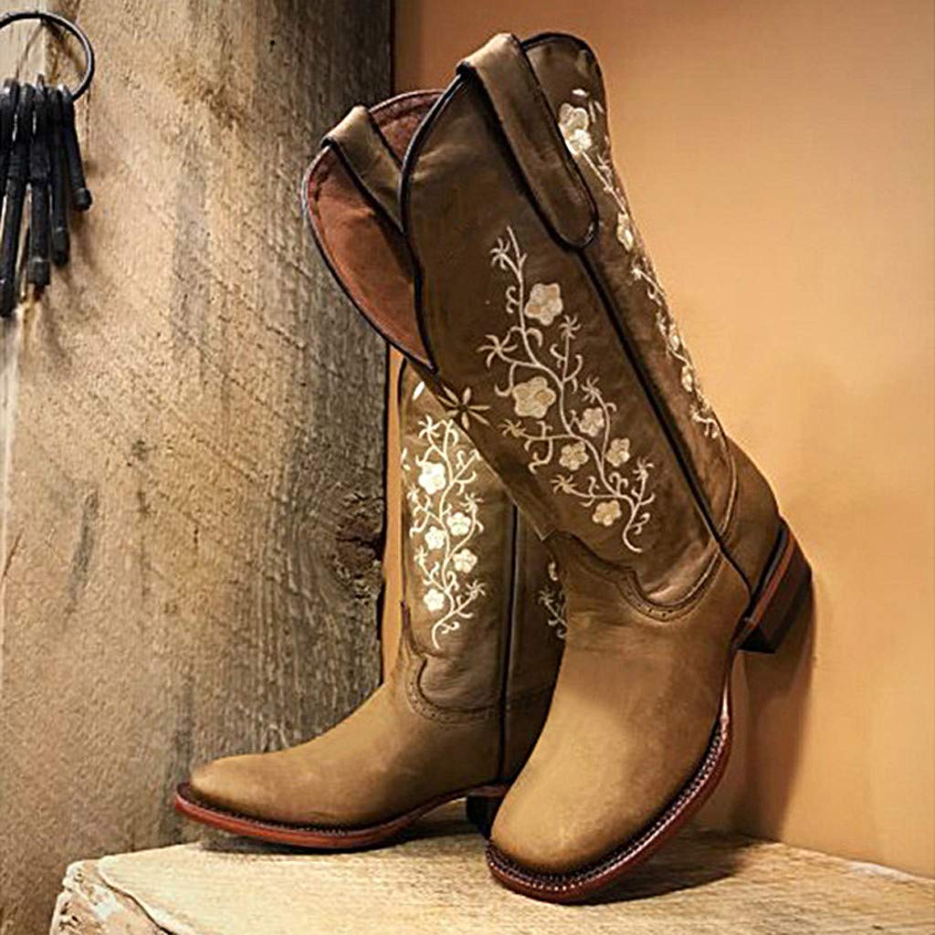 NOLDARES Women's Mid Calf Boots Round Toe Pull On Flower Embroidery Mid Heel Cowgirl Boots Women Chunky Heel Wedge Boots