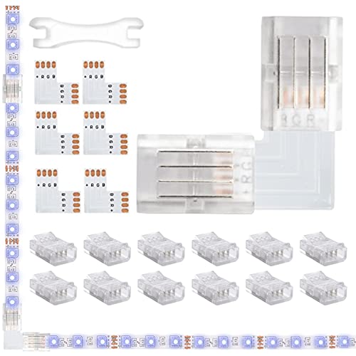 L Shape LED Connectors 4-Pin JACKYLED 10mm LED Right Angle Connectors Solderless RGB Corner Connectors Adapter Extension for 3528/5050 Strip Lights (6pcs L Shaped PCBs, 12pcs Clips)