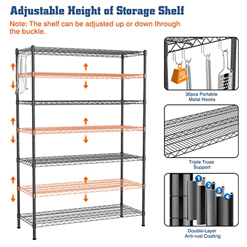 Leteuke Wire Shelving Unit with Wheels, NSF Certified 4 Tier Adjustable Storage Shelves 48"×18"×72", 2400LBS Heavy Duty Shelving Commercial Grade Metal Storage Utility Rack for Kitchen Garage, Black