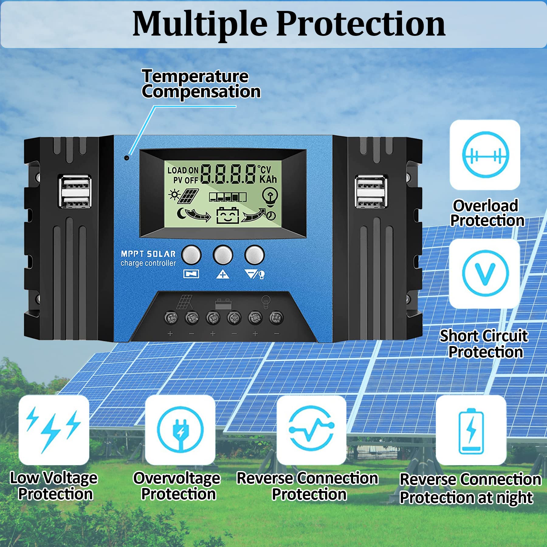MPPT 30amp Solar Charge Controller 12V 24V Auto, MPPT Solar Controller 30A with Backlit Display, Temperature Sensor 4 USB Ports Fit for Solar Panels 12V 24V Gel Sealed Flooded and Lithium Battery