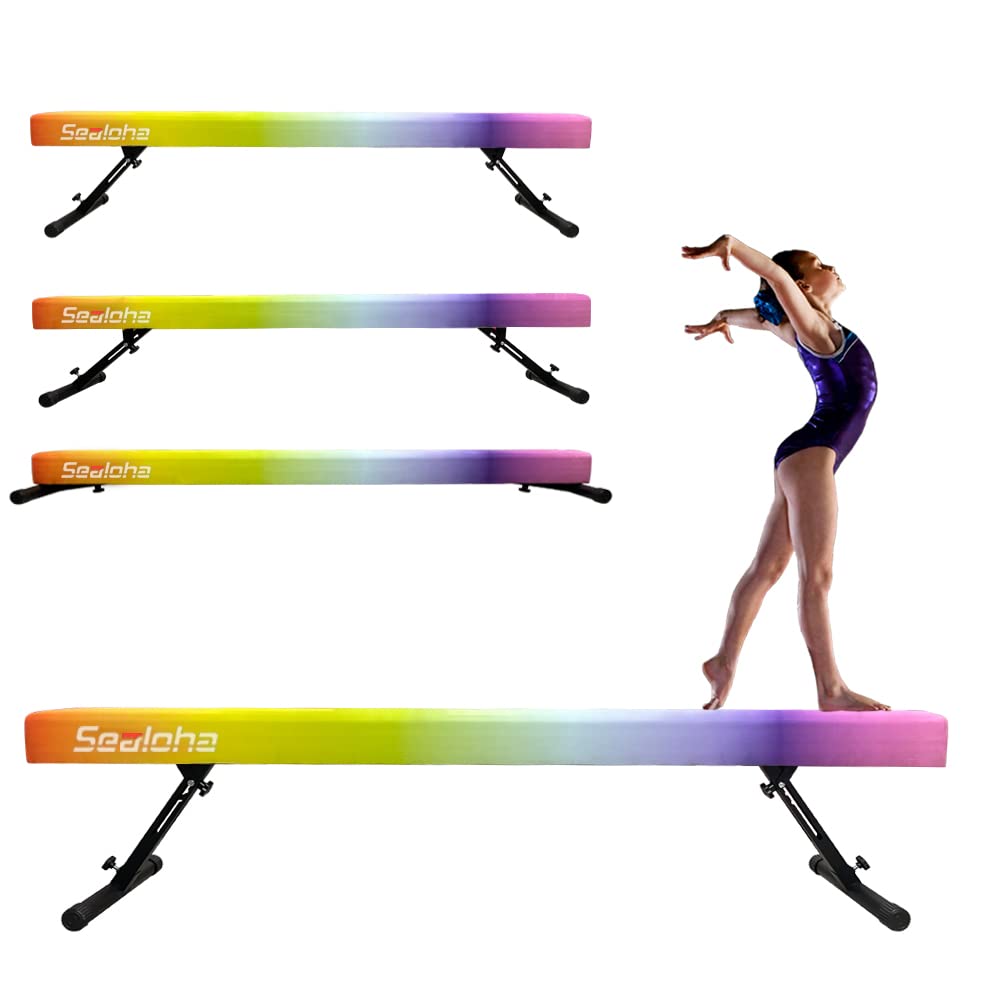 Sealoha 8ft Adjustable&Foldable Balance Beam,High-Low Floor Beam Suede Gymnastics Equipment,No Tool Require,Gymnastics Beam for Training,Physical Therapy and Professional HomeTraining (Rainbow)