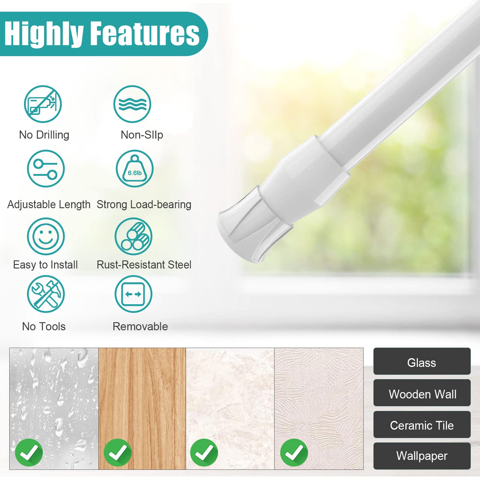 KUANVE 6 Pcs Window Security Bars, Adjustable Sliding Glass Door Bar Sliding Door Security Bar Window Safety Lock Bar with Rubber Tips for Children Home, Extends from 15.8-27.6 Inch, Black & White