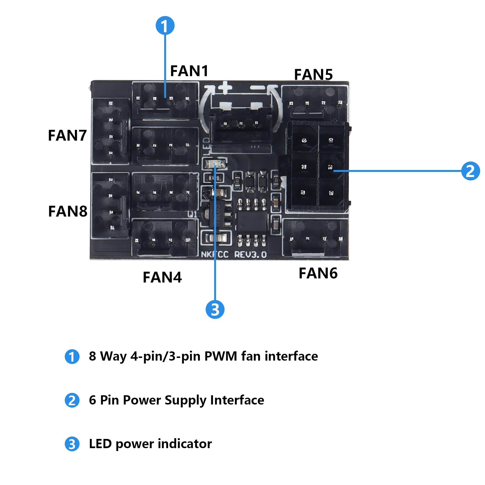 SinLoon 3 Pin 4 Pin Fan Adapter PWM PC Chassis Cooling Fan Hub,Chassis Fan Pressure Regulating Governor,8 Way Splitter 12V Speed Controller with 6 Pin Power Port(8 Way with Cable Black )
