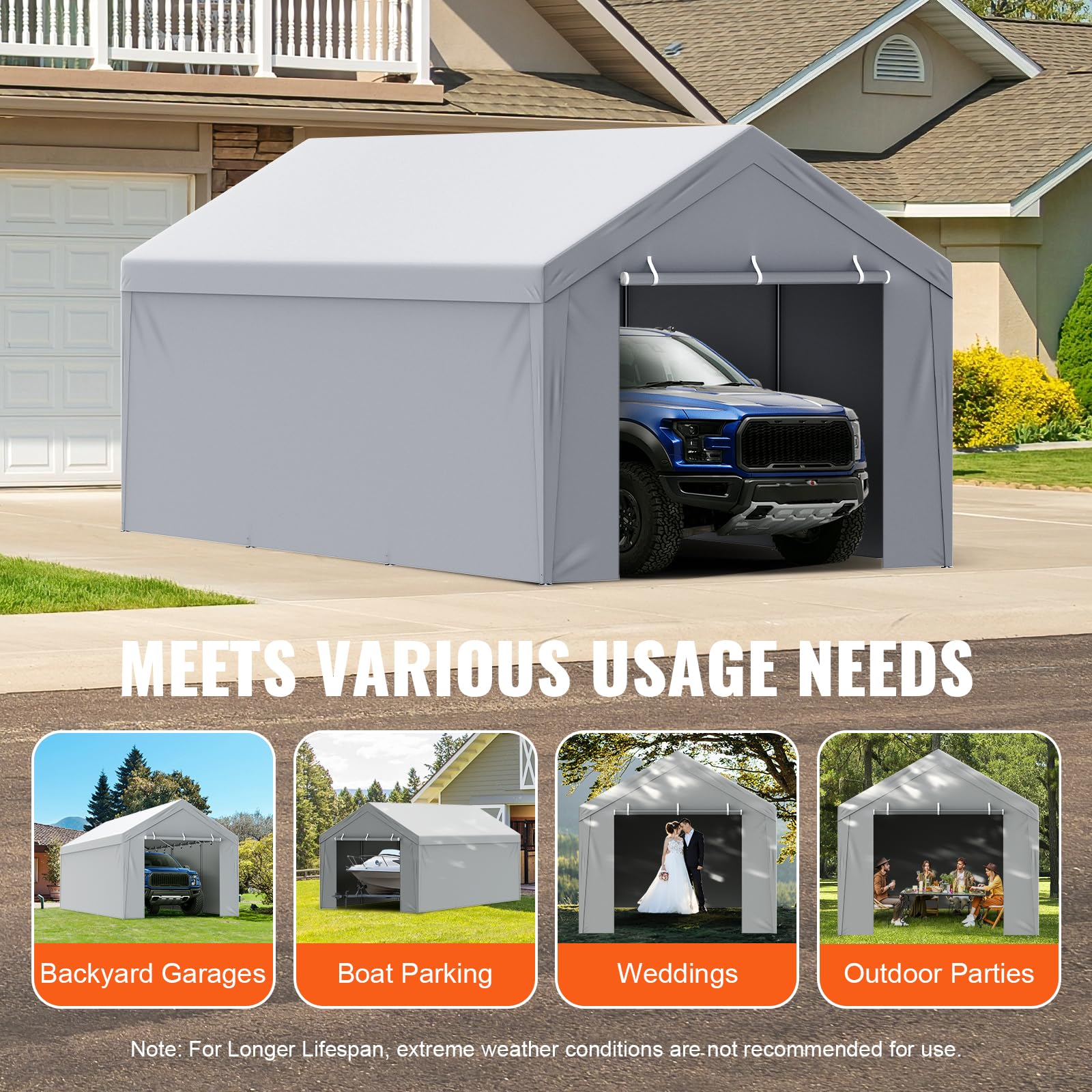 VEVOR Carport Replacement Canopy Cover Top + Side Wall 10 x 20 ft, Garage Tent Shelter Tarp Heavy-Duty Waterproof & UV Protected, Easy Installation with Ball Bungees,Grey (Frame Not Included)