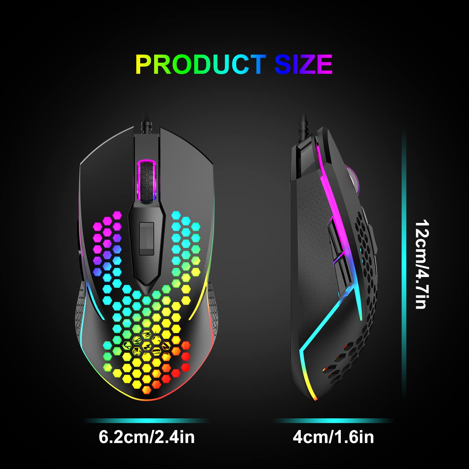 MANBASNAKE Wired Lightweight Gaming Mouse,Rainbow LED Backlit Mouse 3200 DPI Ultralight Honeycomb Shell Ultraweave Cable Mouse for PC Gamers,Xbox,PS4(Black)