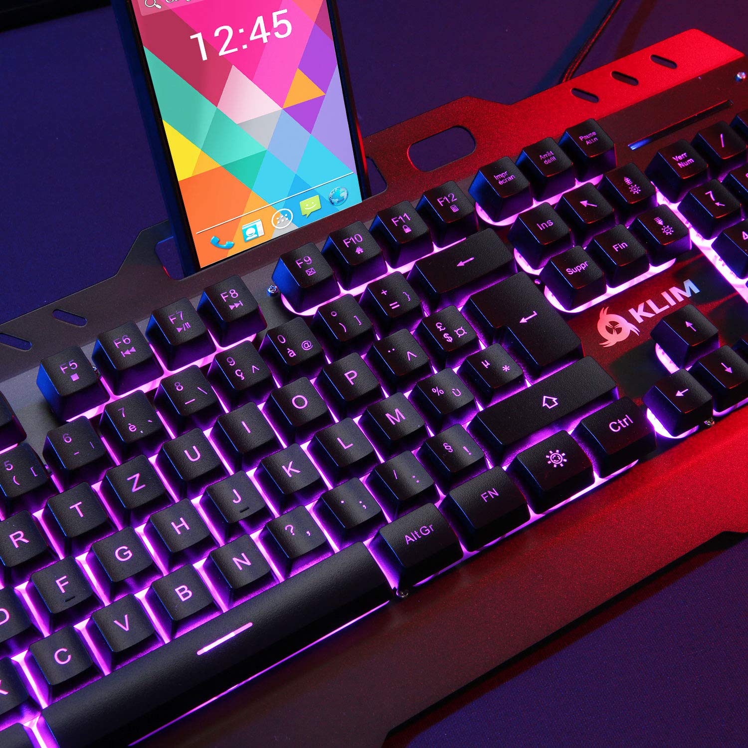 KLIM Lightning Gaming Keyboard - New 2023-7 LED Colors - Ergonomic Mechanical Feel Keyboard with Metal Frame - Compatible with PC Mac PS4 PS5 Xbox One - Wired Hybrid Keyboard