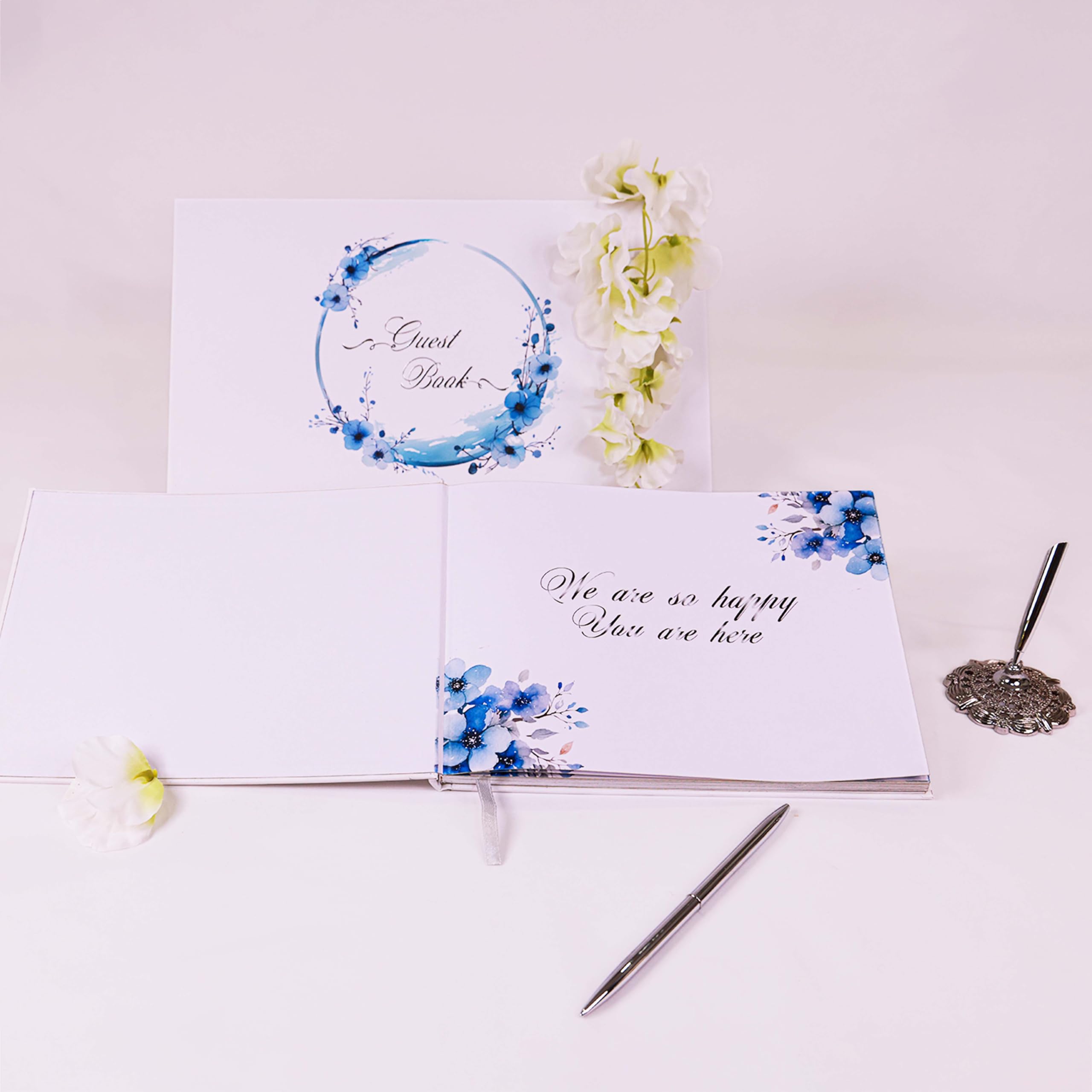 Wedding Guest Book Set includes 3 items , Wedding with a Metal Silver Pen , Guest Book With a Hardcover , Guest Book Wedding Reception Has 110 White Pages , Blank Book is White with Silver Details.