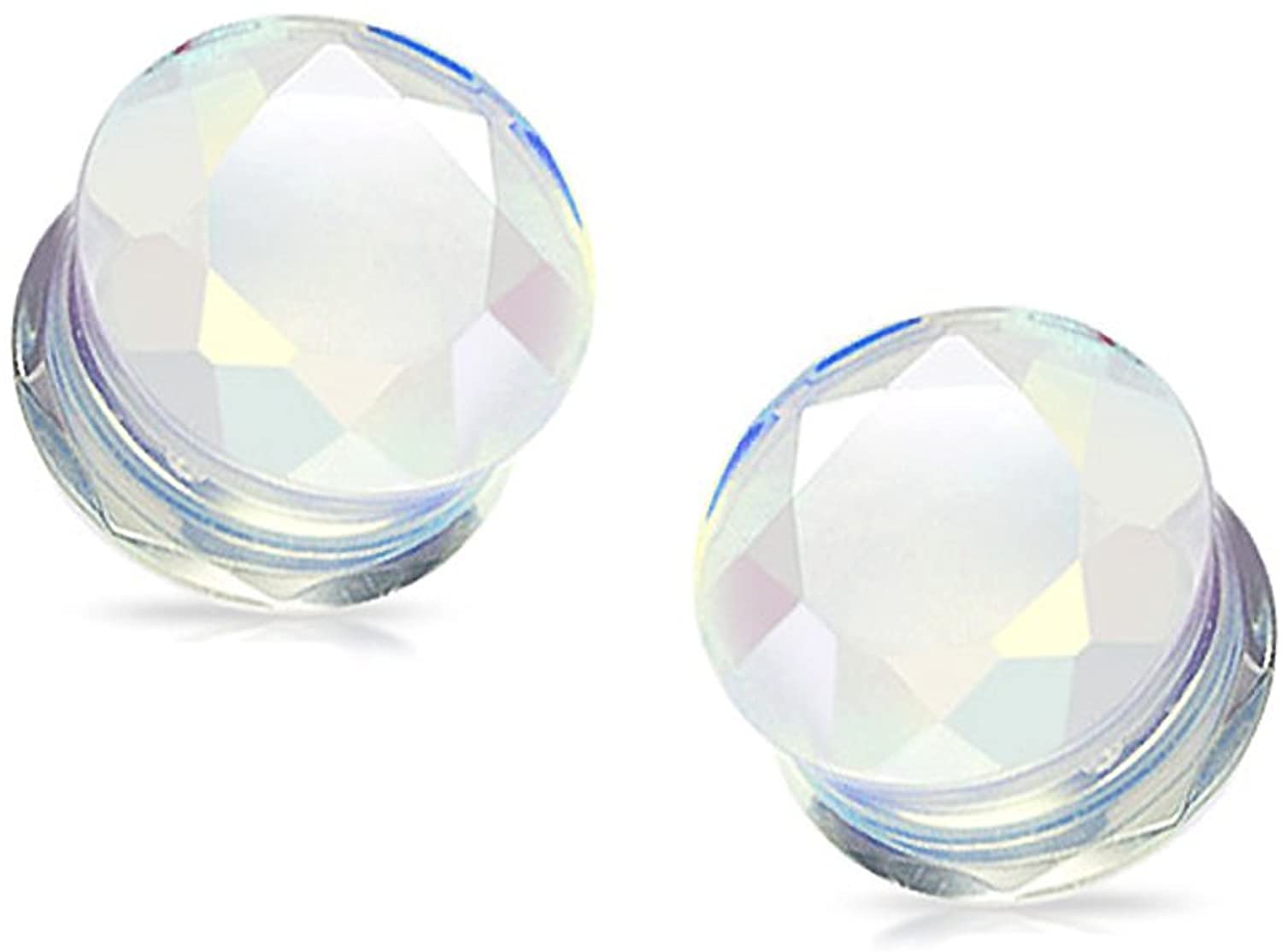 Pair 0G (8MM) FACETED OPALITE STONE PLUGS Double Flare Gauges Organic Moonstone White Clear Tunnels (2pcs)