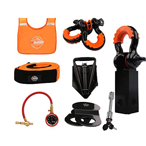 ZESUPER Off-Road Recovery Kit Recovery Tow Strap + D-Ring Shackles+ 8-Ton Snatch Block +Shackle Hitch Receiver +Trailer Hitch Lock+Folding Survival + Winch Dampener Shovel+Tire Deflator