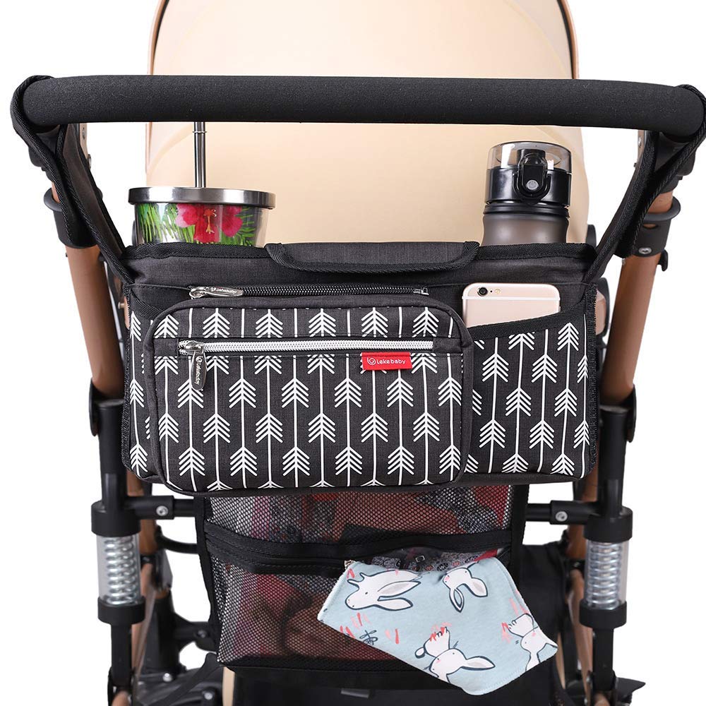 Lekebaby Stroller Organizer with Insulated Cup Holder Universal Stroller Accessories Fits for Stroller like Baby Trend, Baby Jogger, Bugaboo, BOB, Umbrella and Pet Stroller, Black