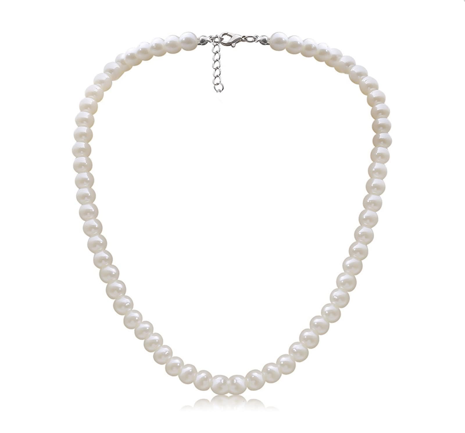 Pearl Necklace for Men, White Pearl Necklace for Women, 8MM Round Pearl Necklace, Pearl Jewelry 20" Length