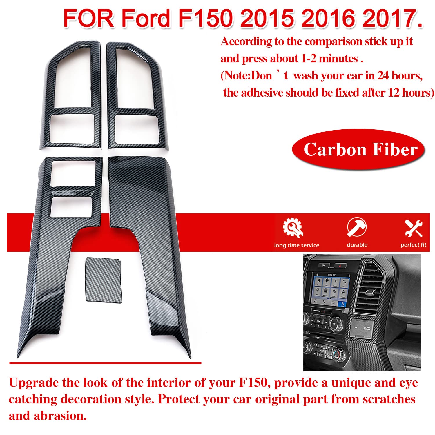 RJSPHH for F-150 ABS Carbon Fiber Central Console Air Conditioner Panel Trim Replacement for Ford F150 2015-2019, (5pcs, Raptor)