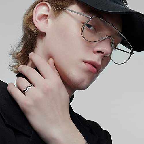 PHNIBIRD 925 Sterling Silver Rings for Men with European Pattern Unisex Adjustable Open Punk Rings for Men Women Retro Style Suitable for Daily Use