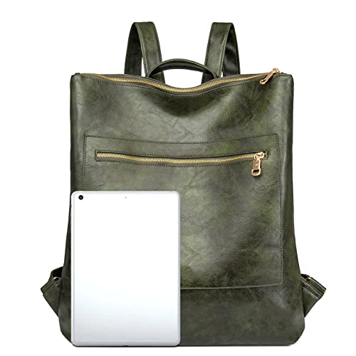 QTKJ Leather Backpack, Large Leather Purse, Vegan Leather Handbag, with Adjustable Shoulder Strap, Tote Bag for Women Travel, Work, Vacation, Green