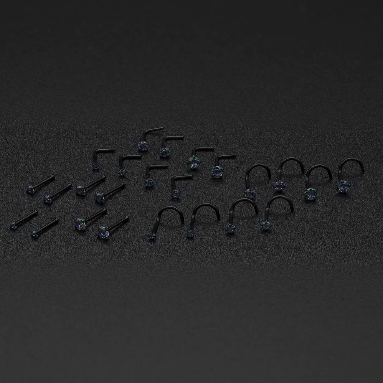 Pierstyles 20G 18G Nose Rings Studs Stainless Steel Nose Rings for Women Men Round CZ Nose Bone L Shaped Screw Nose Stud Ring Set Nostril Piercing Jewelry Silver Gold Black