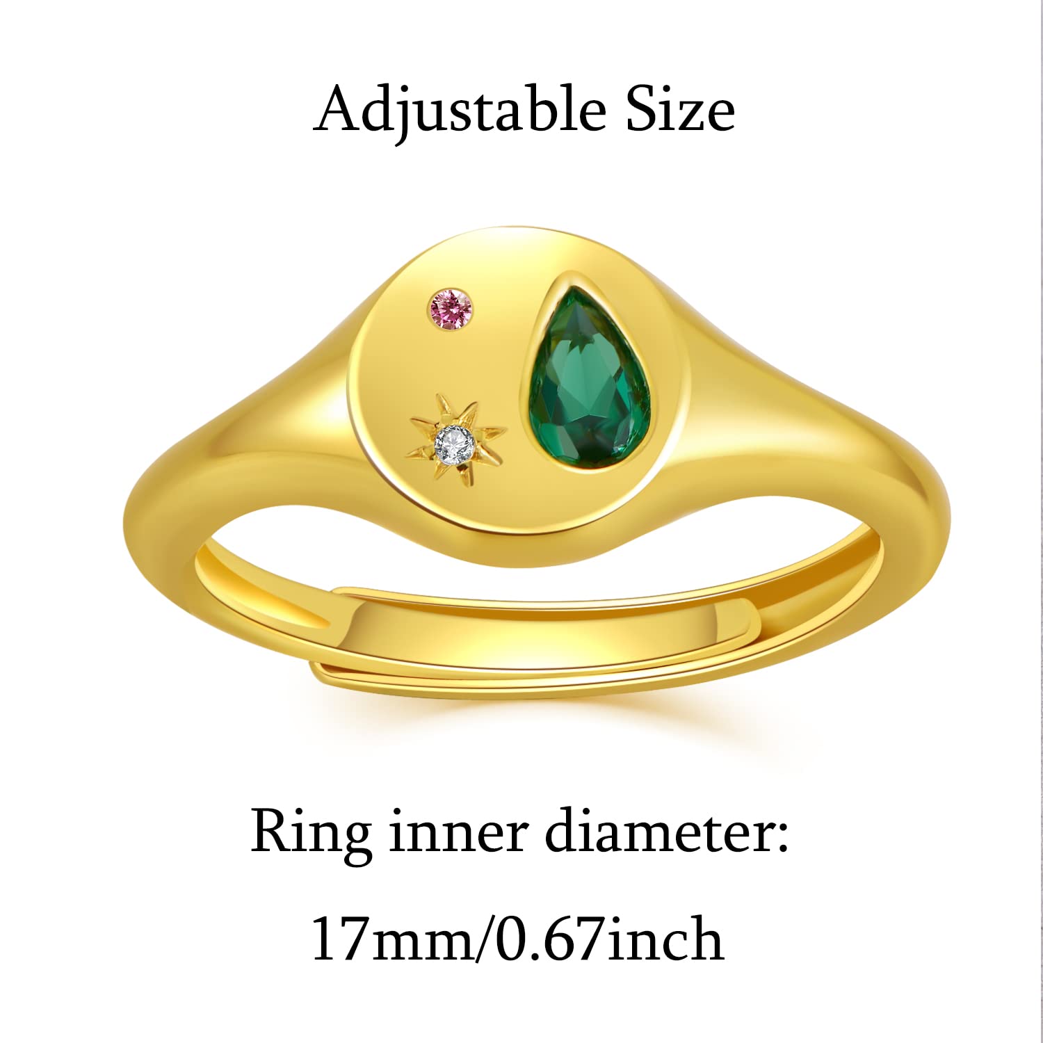 PHNIBIRD Gold Rings for Women with Emerald Green Waterdrop Shape CZ and Octopus Stars