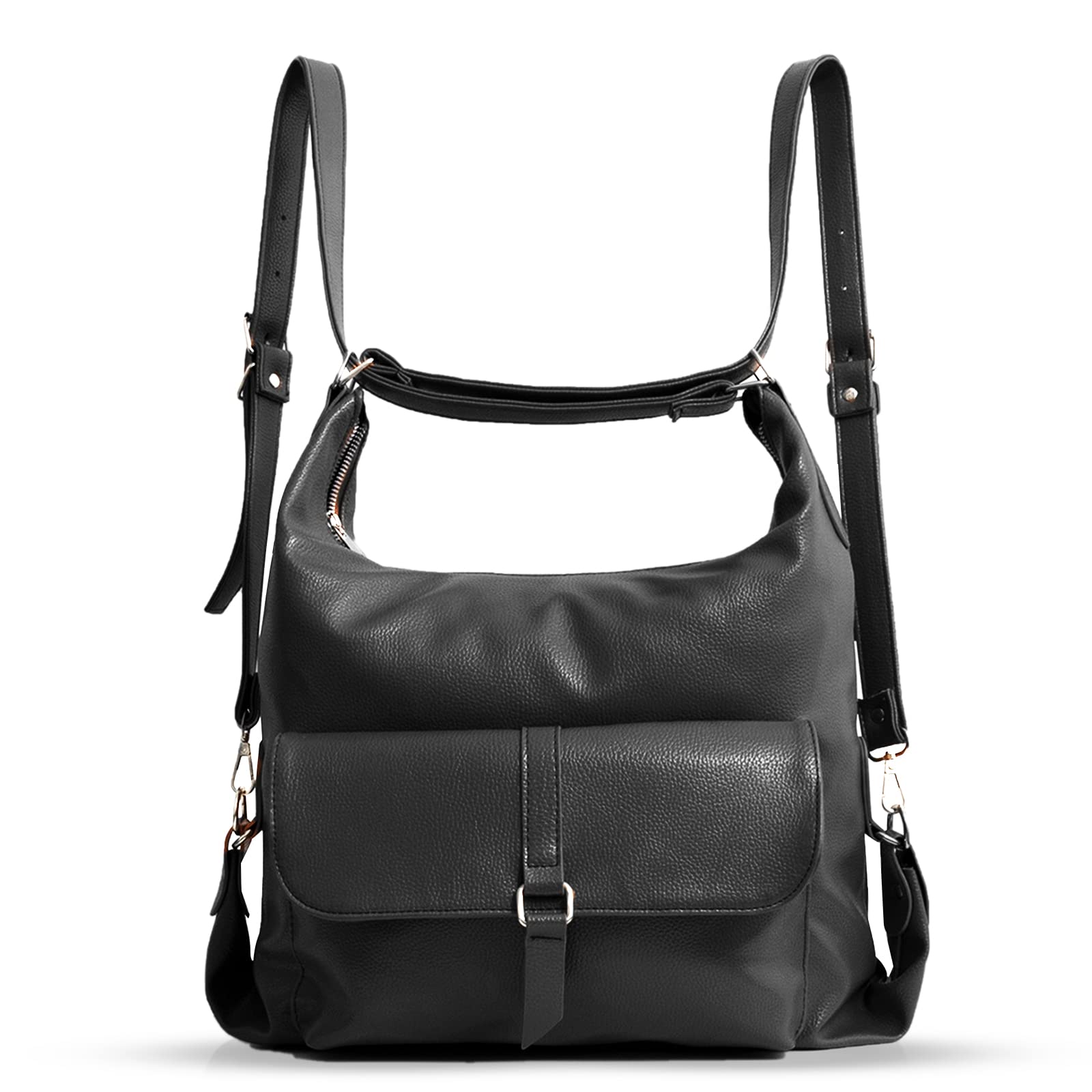 QTKJ Leather Backpack, Large Leather Shoulder Bag, Vegan Leather handbags with Adjustable Shoulder Strap, Multifunction Convertible Backpack for Women Travel Work Vacation, Black