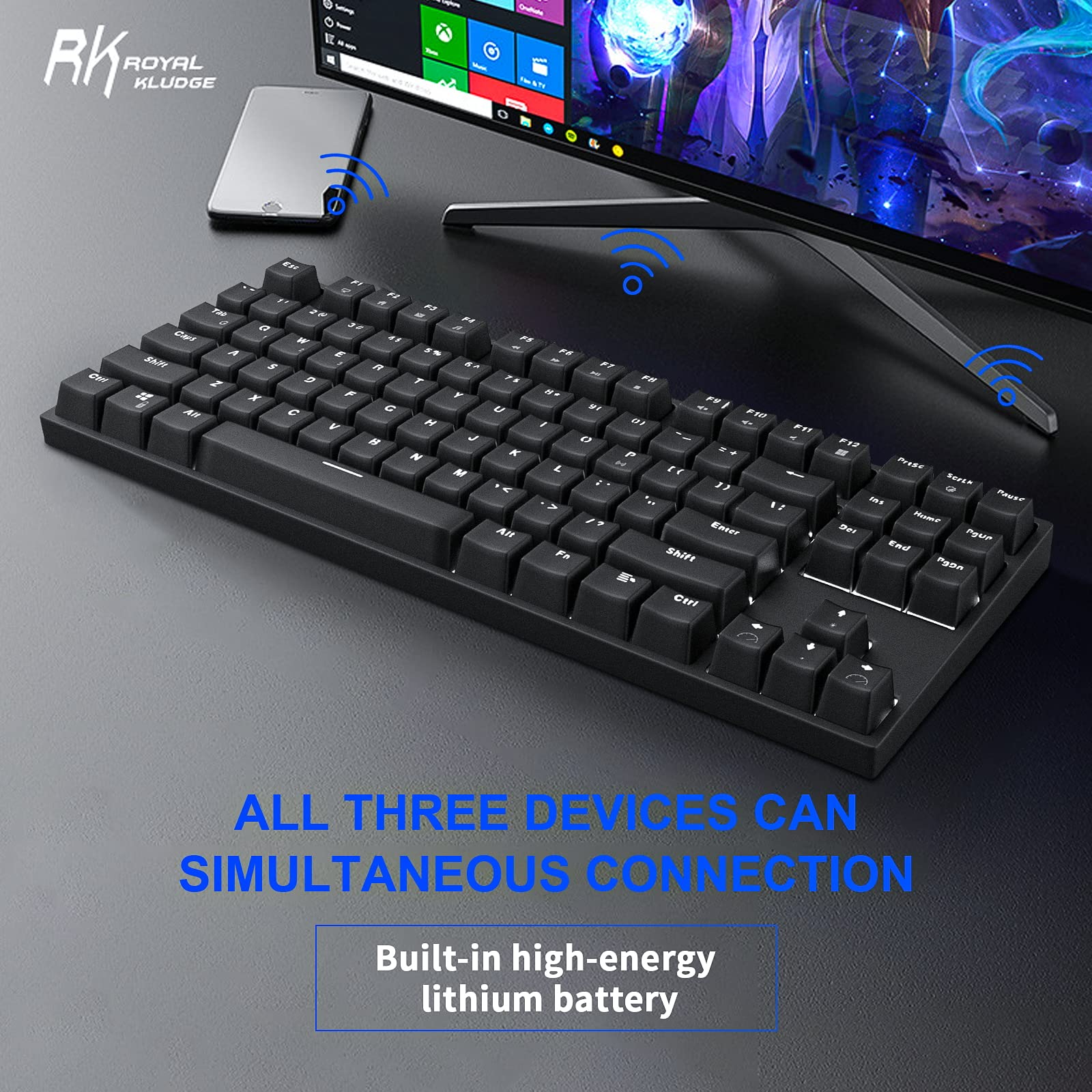 RK ROYAL KLUDGE RK987 Mechanical Keyboard 87 Keys White LED Backlight Tenkeyless Gaming Keyboard, Wired/Wireless Bluetooth Gaming/Office for iOS Android Windows MacOS and Linux (Black and red)